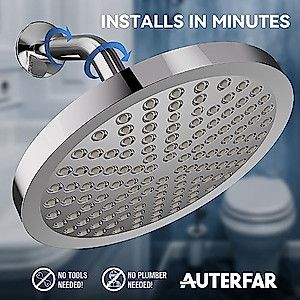 Auterfar Shower Head High Pressure | 8" Large Rain Shower Head | Luxury Shower Experience | Chrome Plated Finish and Adjustable Angles | 126 Anti-Clogging Silicone Nozzles Fixed Showerhead