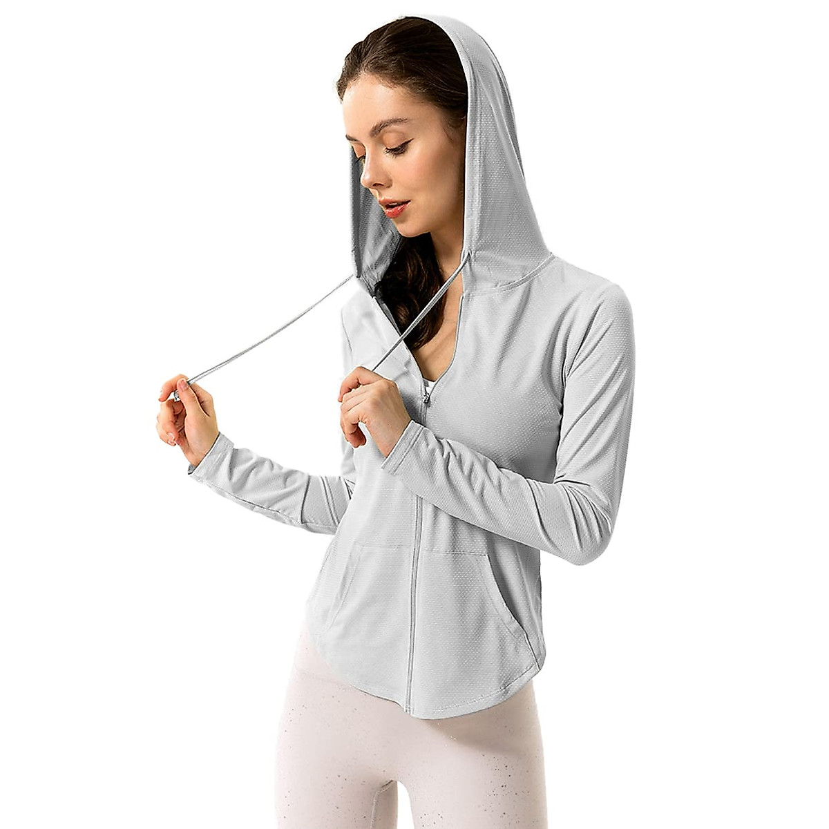 Hanyomo Women's Long Sleeve UPF 50+ Sun Protection Jacket Hooded Fitness Shirt with Pockets Yoga Full Zip Athletic Grey M