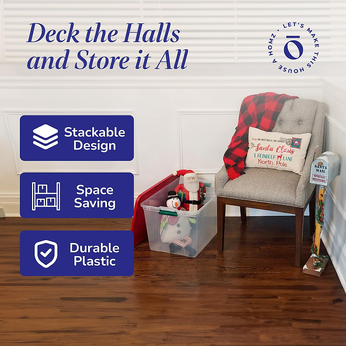 HOMZ 8-Pack Plastic Storage Bins w/Lids, Stackable Totes, 65 Quart, Red Lid