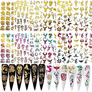 NAIL ANGEL 12Sheets Nail Art Adhesive Sticker Sheets Gold and Rainbow Color Dragon Peacock Phoenix Shapes Nail Art Decoration 10257