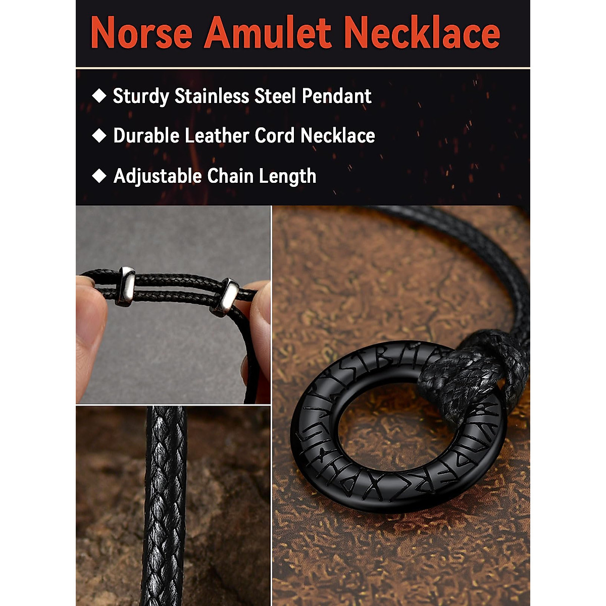 Viking Runes Necklace with Leather Neck Chains Black Stainless Steel Nordic Mythology Rune Charms