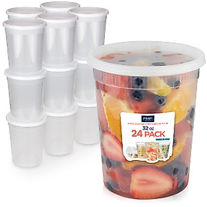 [24 Pack] Food Storage Containers with Lids, Round Plastic Deli Cups, US Made, 32 oz, Quart Size, Leak Proof, Airtight, Microwave & Dishwasher Safe, Stackable, Reusable, White