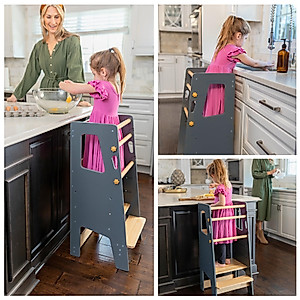 Gosling creative Toddler Standing Tower | Safe Montessori Step Stool for Toddlers, Perfect Tower for Learning New Skills | Ideal Helper for Little Kids in The Kitchen | Gray
