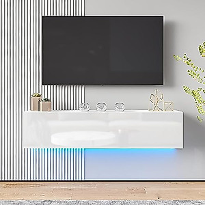 HOMMPA Floating TV Stand with Led Light for 63 Inch TVs Wall Mounted Led Entertainment Center with High Gloss Storage Modern Floor White Mounted Media Console for Living Room