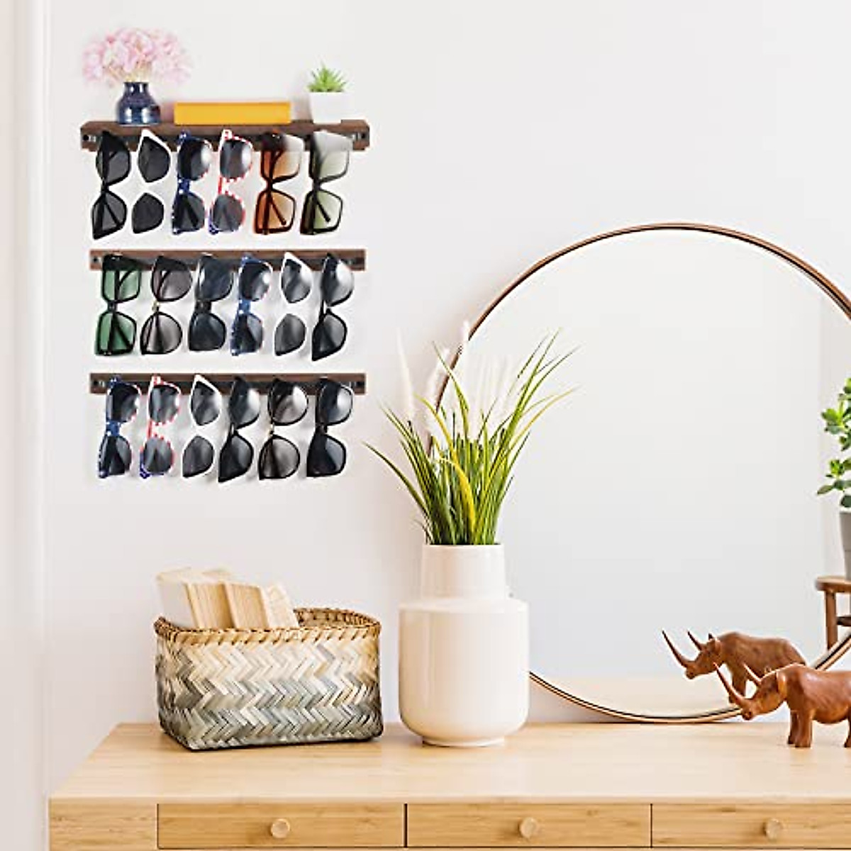 ART-GIFTREE 3 Pack Sunglasses Holder Organizer: Wood Wall Mounted Eyewear Display Rack, Eyeglasses Hanging Stand for Front Door Entryway Living Room Garage (Brown)