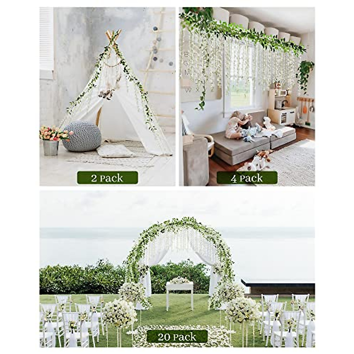 JACKYLED 40 Branches Wisteria Hanging Flowers 6 Feet Artificial White Wisteria Vine Silk Wisteria Flowers Garland for Wedding Arch Party Garden Home Decor (4 Packs)