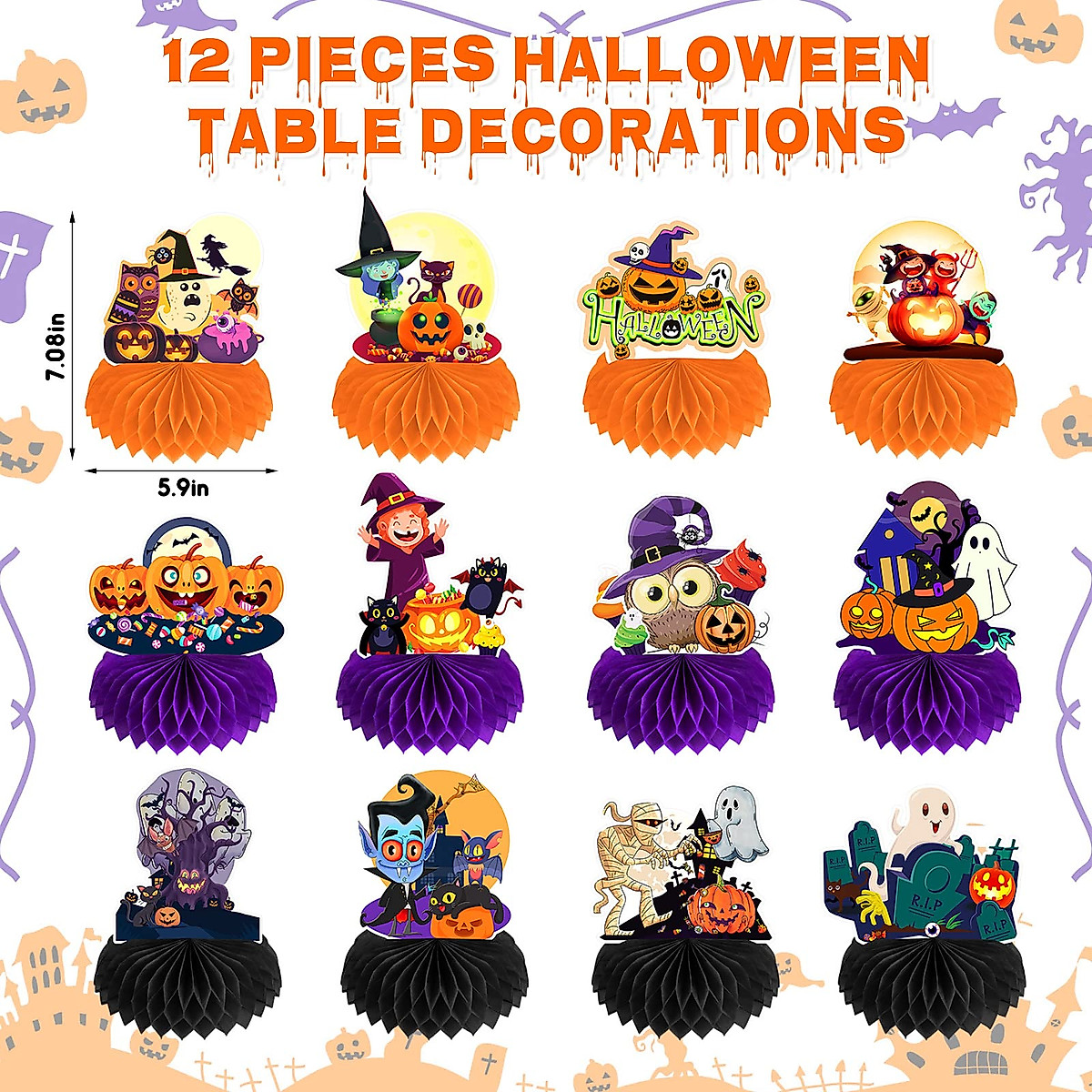 12 Pack Halloween Honeycomb Centerpieces Table Decorations,Pumpkin Ghost Witch Cat Tombstone and More Halloween Elements for Halloween Party Favors Supplies,Cute Party Home Room Table Desk Decor