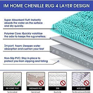 ACCUMTEK Striped Teal Green Bathroom Rug Set 3 Pieces Ultra Soft, Non Slip Chenille Toilet Mat, Absorbent Plush Shaggy Bath Mats for Bathroom, Bedroom, Kitchen, Turquoise