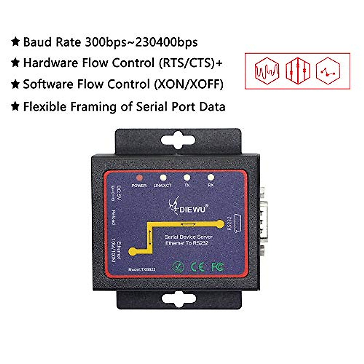 CERRXIAN RS232 to Ethernet Serial Device Server, 1 Port RS 232 DB9 Serial to Ethernet TCP IP Device Server Converter