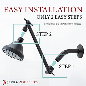Shower Head Extension Arm by JS Jackson Supplies, Adjustable 10 Inch Showerhead Extender, Solid Brass Construction, Universal Tall Hi-lo Pipe Height Extending (Black Finish)