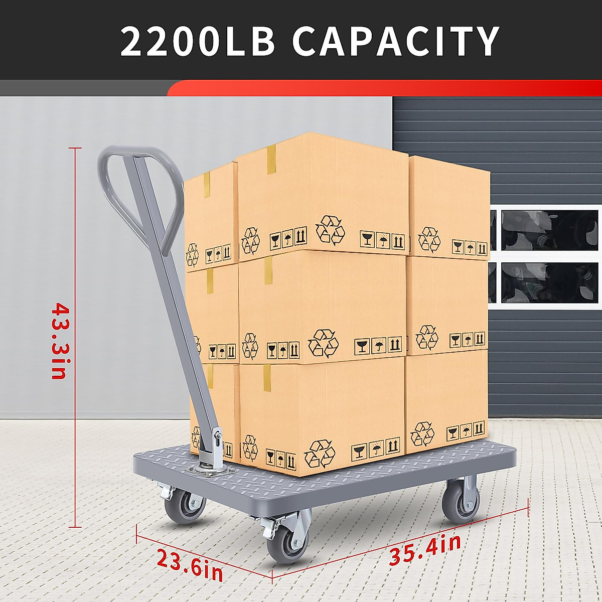 Heavy Duty Platform Truck Flat Cart,Steel Push Cart Dolly with 2200 LBS Capacity,Flatbed Cart with 360 Degree Swivel Handle,Metal Platform Cart for Material Handling (36"x24")
