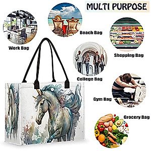 cfpolar Unicorn Reusable Grocery Shopping Bag with Hard Bottom, RRQRQR Large Foldable Multipurpose Heavy Duty Tote with Zipper Pockets, Sustainable, Durable and Eco Friendly, Beach Bag