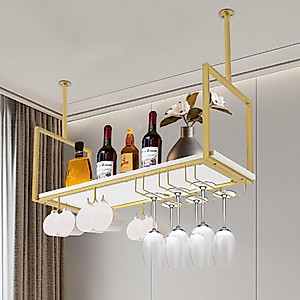 Fetcoi Rustic Ceiling Wine Glass Rack, 31.5 inch Hanging Metal Wine Rack with Glass Holder, Mug Holder and Shelf, Metal Ceiling Bar Wine Glass Rack for Bar Cafe Kitchen Restaurant, Gold