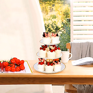 8PCS Cake Stand Set, Plastic Cupcake Stands with Gold Rim, 2PCS 3-Tired Cupcake Stands with 6PCS Serving Trays, Dessert Display Stands Set for Wedding Birthday Party Baby Shower,Tea Party Decorations