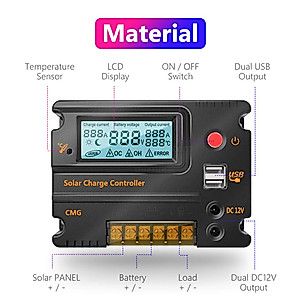 Fuhuihe 20A 12V 24V Solar Charge Controller Auto Switch LCD Intelligent Panel Battery Regulator Charge Controller Overload Protection Temperature Compensation