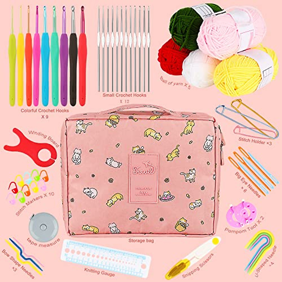 Aeelike Crochet Kit for Beginners Adults, Crochet Kits Include Yarn, Ergonomic Crochet Hooks 2.0-6.0 mm, Lace Steel Needles 0.6-1.9 mm and Case, 59pcs Crochet Starter Kit for Beginners Kids