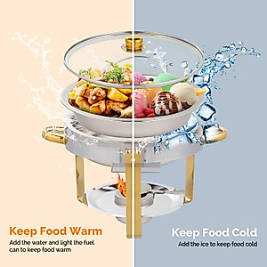 ROVSUN 5QT 8 Packs Chafing Dish Buffet Set Gold Accent, Round NSF Stainless Steel Buffet Warmer Chafers and Buffet Warmers Sets with Glass Lid & Lid Holder for Catering Events Parties Weddings Dinners
