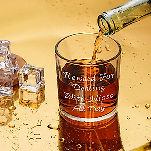 Futtumy Reward For Dealing With Idiots All Day Whiskey Glass, Funny Gifts for Men Coworker Friend Husband Boss Him, Novelty Old Fashioned Glass for Christmas Fathers Day Bosses Day Birthday, 10 oz