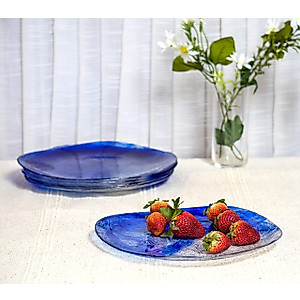 Red Co. White and Blue Etched Wavy Glass Irregular Shaped Dinner Plates, 10" Diameter - Set of 6