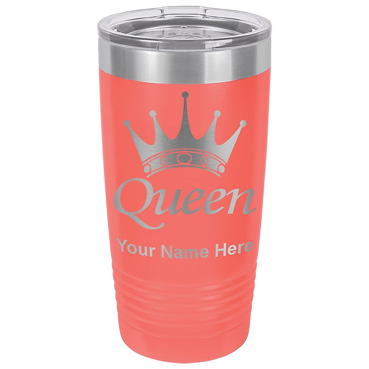 LaserGram 20oz Vacuum Insulated Tumbler Mug, Queen Crown, Personalized Engraving Included (Coral)