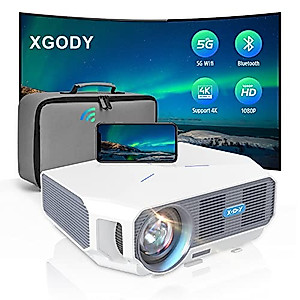 XGODY Portable Projector A4300 Native 1080P HD Projector 9200L 5G WiFi Projector Bluetooth Home Theater Video Projector with Storage Bag Remote Control Support HDMI, VGA, USB, Phone Mirror Link White