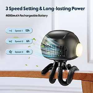 QENSPE Portable Stroller Fan with Flexible Tripod, Rechargeable Baby Fan for Stroller Car Seat Fan, 3 Speed Clip on Fan with Night Lights, USB and Battery Operated Small Fan for Indoor Outdoor