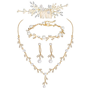 YADOCA Pearl Prom Jewelry Set For Women Pearl Rhinestone Crystal Drop Necklace Earring Bracelet Hair Pins Prom Bride Bridesmaid Wedding Bridal Jewelry Accessories Gold Tone