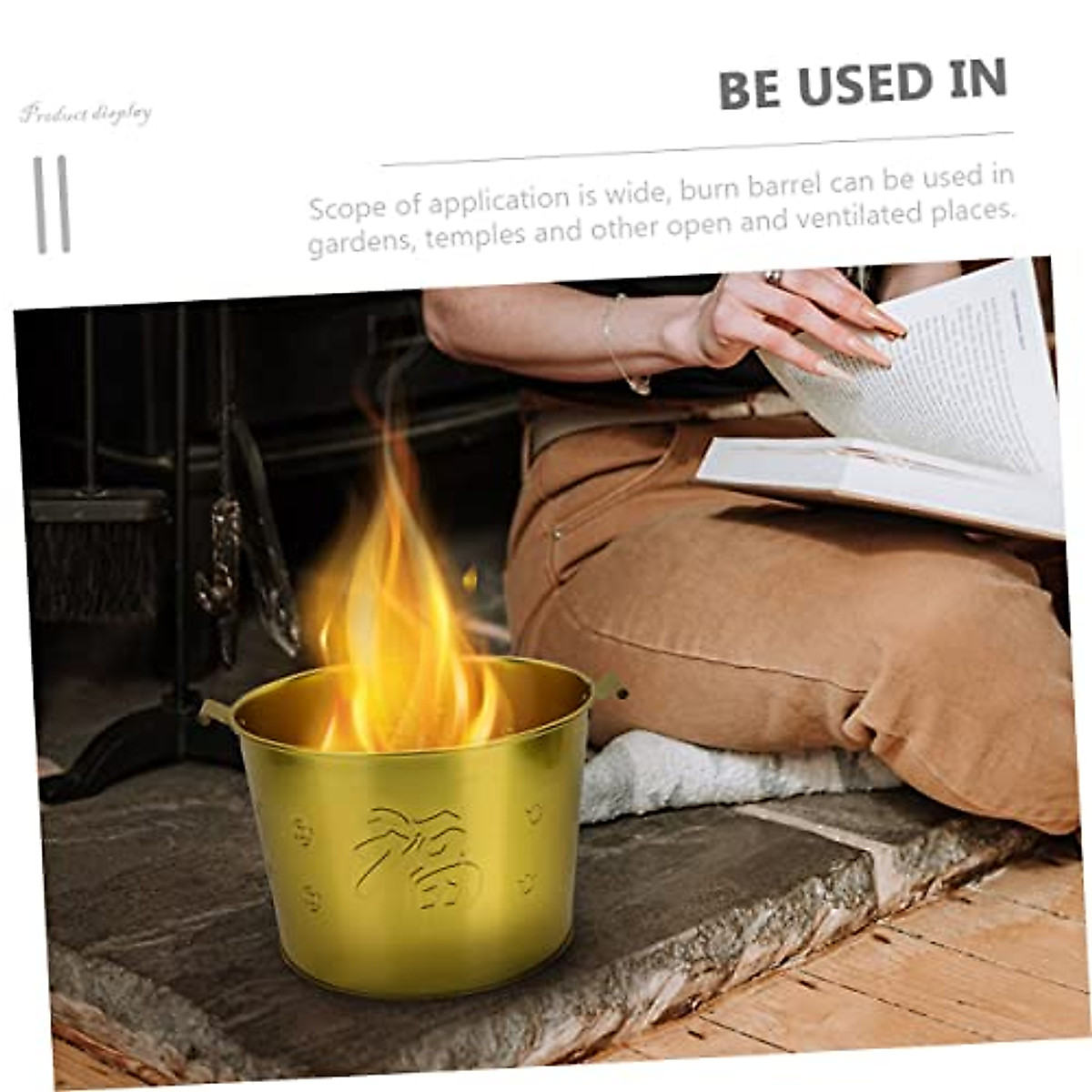 Veemoon Trash Golden Steel Leaves Bonfire Leaf Ash Fortune Bin Garden Wood Tongs Home Paper Barrel Hook Can Fireplace Fire Pit Stainless Bucket Money Sacrifice with Basin Yard Backyard