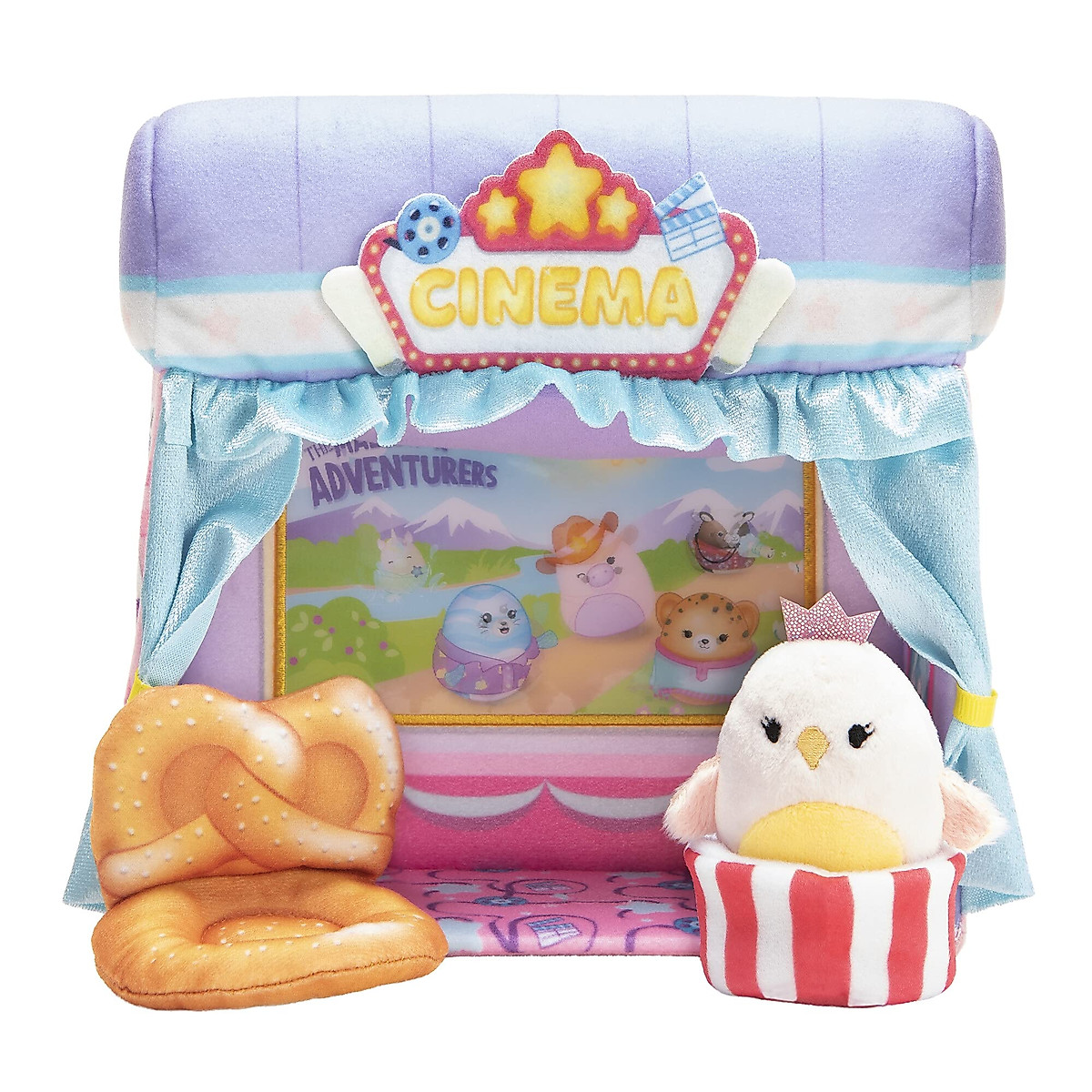 Squishville Mini-Squishmallows Cinema Playset - Includes One 2-Inch Plush, Pretzel Chair, Popcorn Bucket - Irresistibly Soft, Colorful Plush