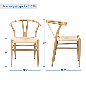 Yaheetech Set of 4 Weave Chair Mid-Century Metal Dining Chair Y-Shaped Backrest Hemp Seat, Wood Color
