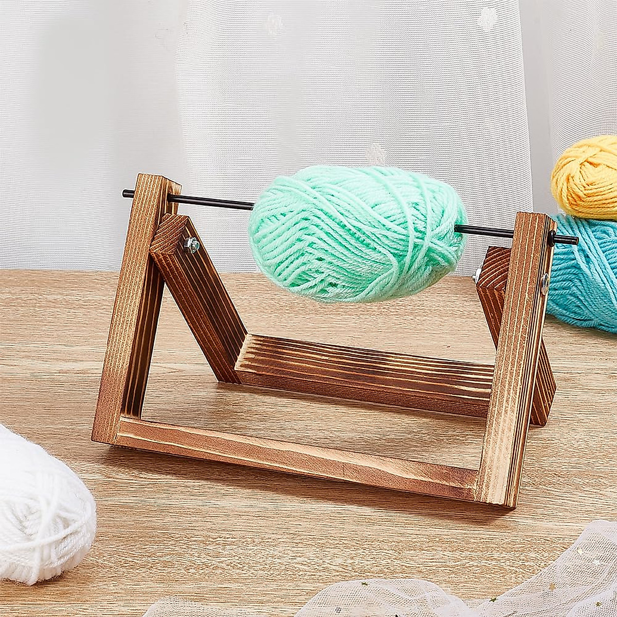 WEBEEDY 2 Pieces Yarn Ball Holder Wooden Yarn Rack Horizontal Spinner Storage Organizer for Thread Crocheting Knitting Supplies Dispenses