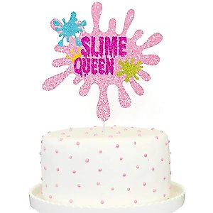 Slime Queen Cake Topper Pink Glitter Happy Birthday Colorful Slime Shape Art Theme Party Decor Picks for Baby Shower Birthday Party Decorations Supplies