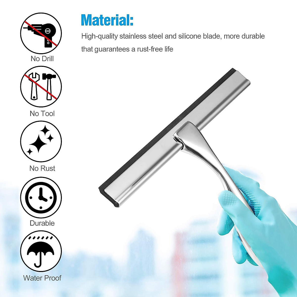 10” Shower Squeegee — Squeegee for Shower Glass Door，Premium Shower Squeegee for Glass Doors, Bathroom, Window and Car Glass, Stainless Steel Shower Squeegee for Shower Doors with Suction Cup Hook