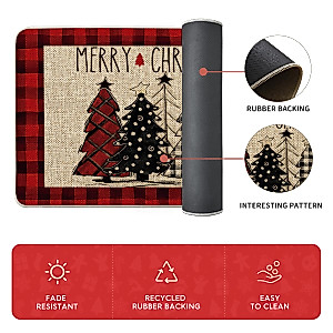 Artoid Mode Red Buffalo Plaid Xmas Trees Merry Christmas Kitchen Mats Set of 2, Winter Decor Low-Profile Kitchen Rugs for Floor - 17x29 and 17x47 Inch