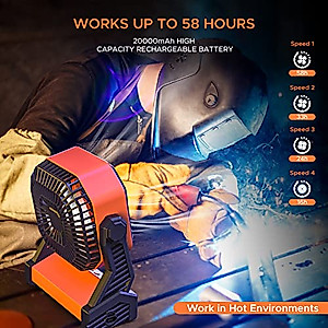 Camping Fan for Tent with LED Lantern, 20000mAh 58hrs Battery Powered Portable Fan - 270° Pivot, 4 Speeds Rechargeable Fan with Hanging Hook for Travel Car, Tent, Camping, Outdoor, Indoor