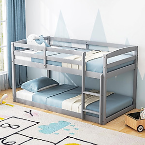 KOMFOTT Low Bunk Bed Twin Over Twin, Solid Wood Bunk Bed Frame with Built-in Ladder & Safety Guardrails, Space-Saving Low Bunk Bed for Kids, Teens, No Box Spring Needed