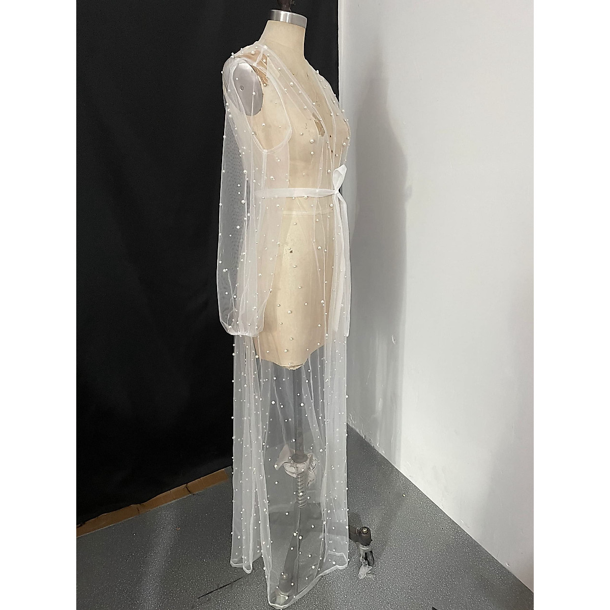 Pearl Long Sleeve Wedding Jacket Tulle Party Shawl BOLERO Floor-Length Bridal Cape Sexy pearl robe(white,M)