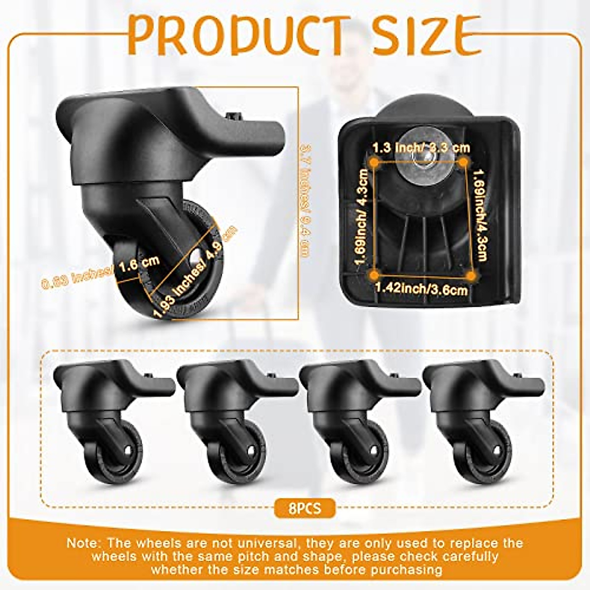 Sweetude 8 Pcs Replacement Luggage Wheel Left and Right Suitcase Caster Wheels 360 Degree with Screw Swivel Wheels Suitcase Bag Parts for Travel Box Trolley, Hole Pitch (1.3"/1.69"/1.42"/1.69")