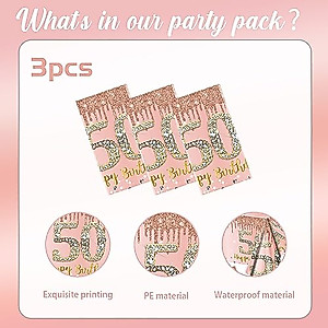 BAIFURRY 3 Piece 50th Pink Rose Gold Happy Birthday Theme Decorations for Womens, Fifty Year Old Happy Birthday Tablecloth Party Supplies, Plastic Disposable Rectangular Tablecloth Decorations