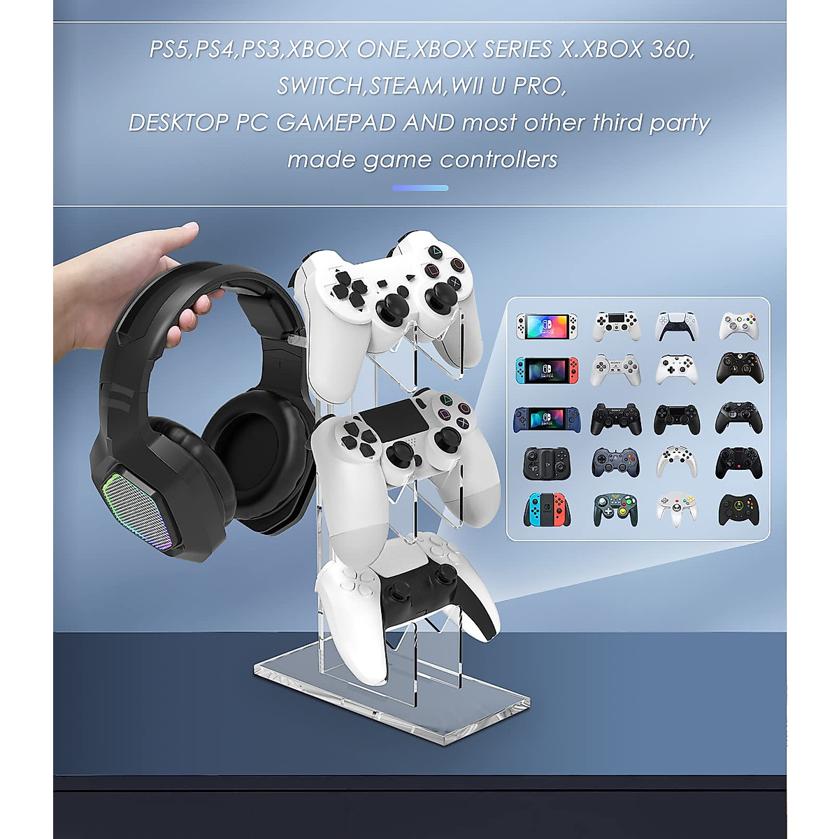 Wedorat Universal 3 Tier Controller Stand and Headset Holder Game Accessories Storage Bracket Gaming Accessories for PS5 PS4 Controller Holder Headset Stand Crystal Clear