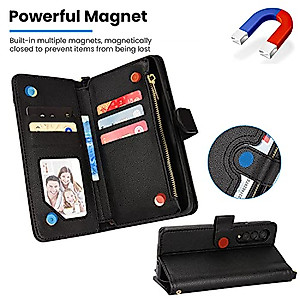 REKALRO for Galaxy Z Fold 4 Wallet Case with Card Holders, PU Leather Case Wallet Women with Long Lanyard, Wireless Charging Zipper Kickstand Magnetic Phone Case for Samsung Galaxy Z Fold 4 5G (Black)