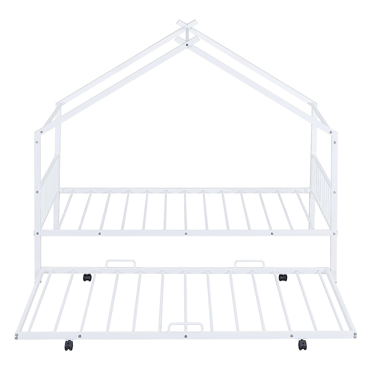 Guxeei Twin Size Metal House Bed, Modern Design Bed Frame with Trundle for Bedroom, Wood Slat Support, No Box Spring Needed, Easy Assembly (White)