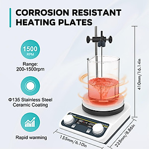LAB FISH Laboratory Lab Magnetic Stirrer Hot Plate 280℃/ 536℉ 5 inch Digital Magnetic Mixer 3L Capacity Knob Control 200-1500rpm,Probe Sensor & Stirring Bar Included,110V