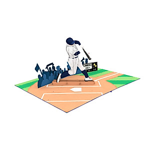 Baseball - 3D Pop Up Greeting Card For All Occasions - Love, Birthday, Christmas, Sports, Congrats - Removable Personalized Message Note - Thick Envelope, Fold Flat - 5x7 Inch (Batter Navy Uniform)