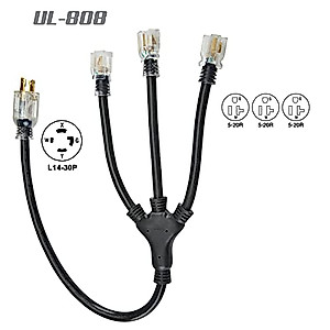 3 Ft. 20 Amp Generator Adapter L14-30P Plug to (3X) 5-20R Receptacles