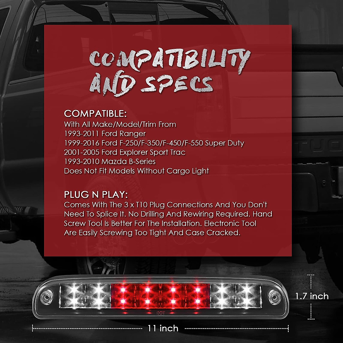 Replacement for Ford F-250 F-350 F-450 F-550 Super Duty 1999-2016 /Ford Ranger 1993-2011 Clear Lens Black Housing Tail High Mount 3rd Third Brake Light Cargo Lamp Waterproof