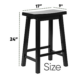 PJ Wood 24 Inch Single A Frame Classic and Modern Comfortable Wooden Bar Stool Saddle Seat with Built in Bars as Footrests, Black