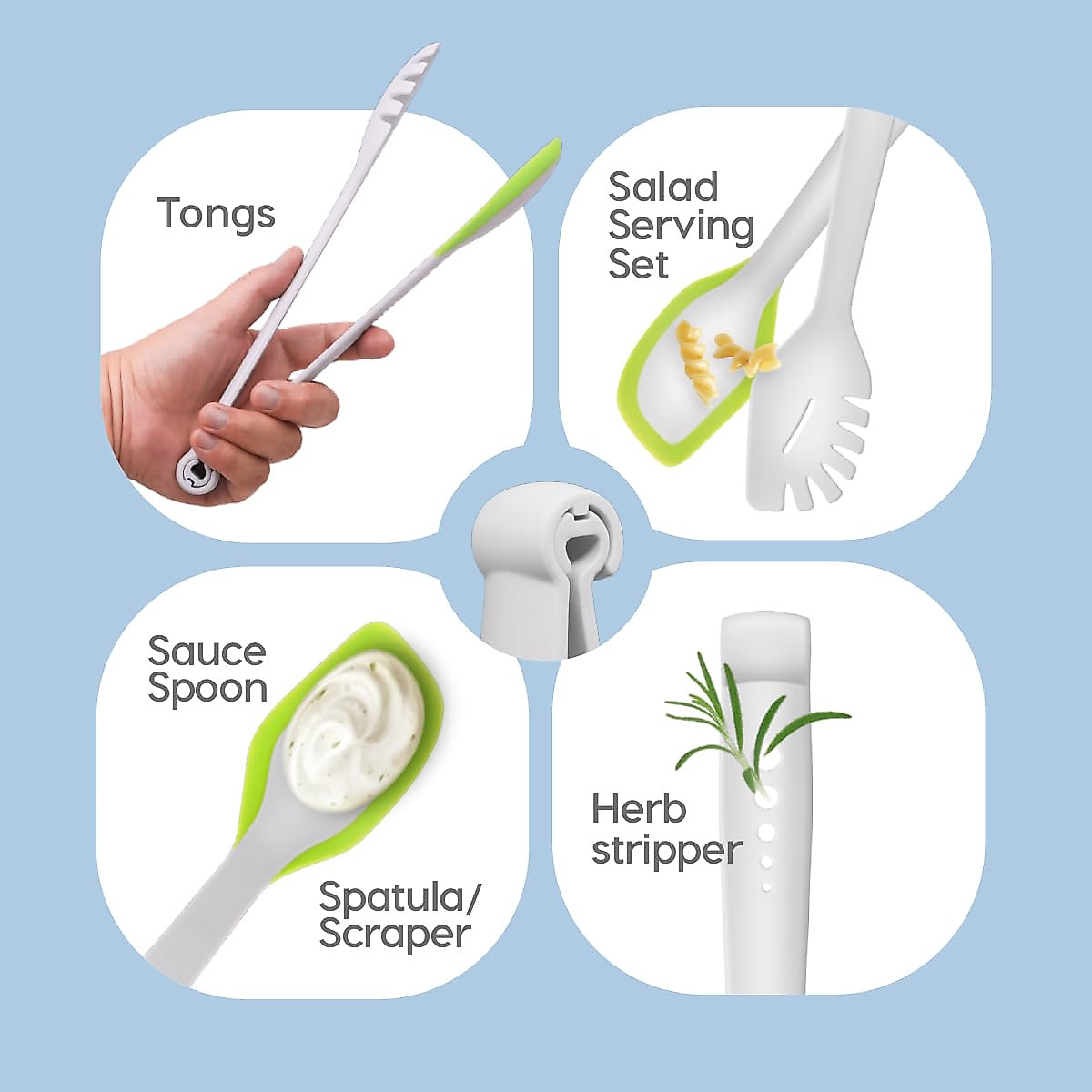 Grand Fusion 5 in 1 Tongs. Serving Set for Pasta or Salad, Herb Stripper, Sauce Spoon, Spatula - Scrapper,Fork and Spoon Spatula Grips. Heat Resistant, Non-Stick, and BPA Free