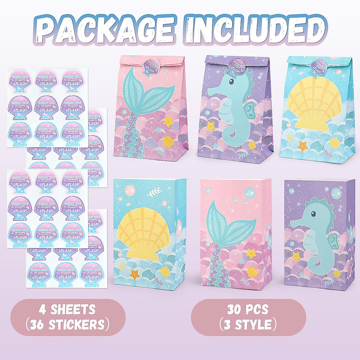 HEJIN 30PCS Mermaid Party Favor Bags with Stickers, Mermaid Birthday Decorations - Great for Girls Kids Under the Sea Party Favors, Birthday Party, Baby Shower, Easter, Wedding, Halloween
