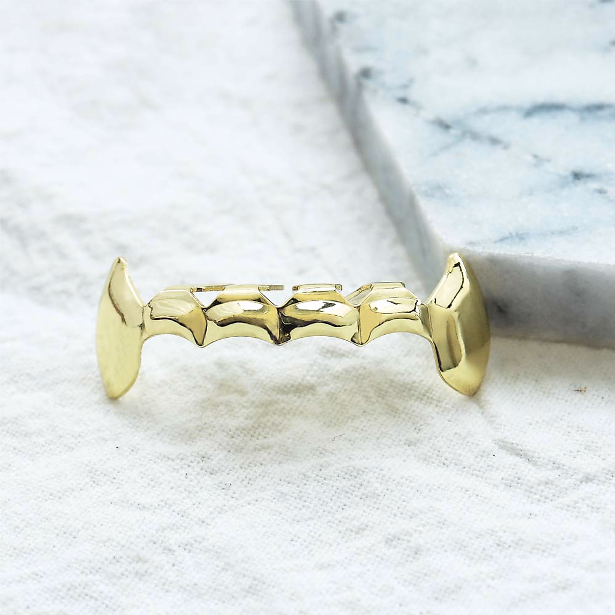 24K Gold Plated Grillz Bottom Vampire Fangs Grill Hip Hop Teeth Caps + Extra Molding Bars + Microfiber Cloth